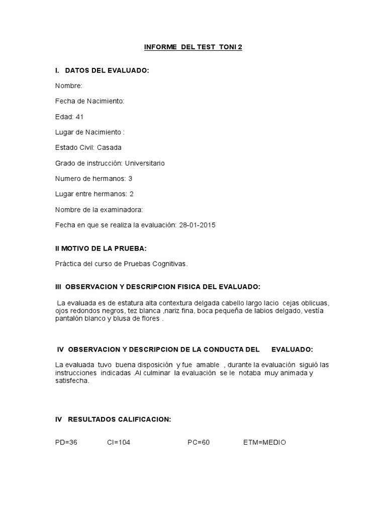 Informe Del Test Toni 2 | PDF