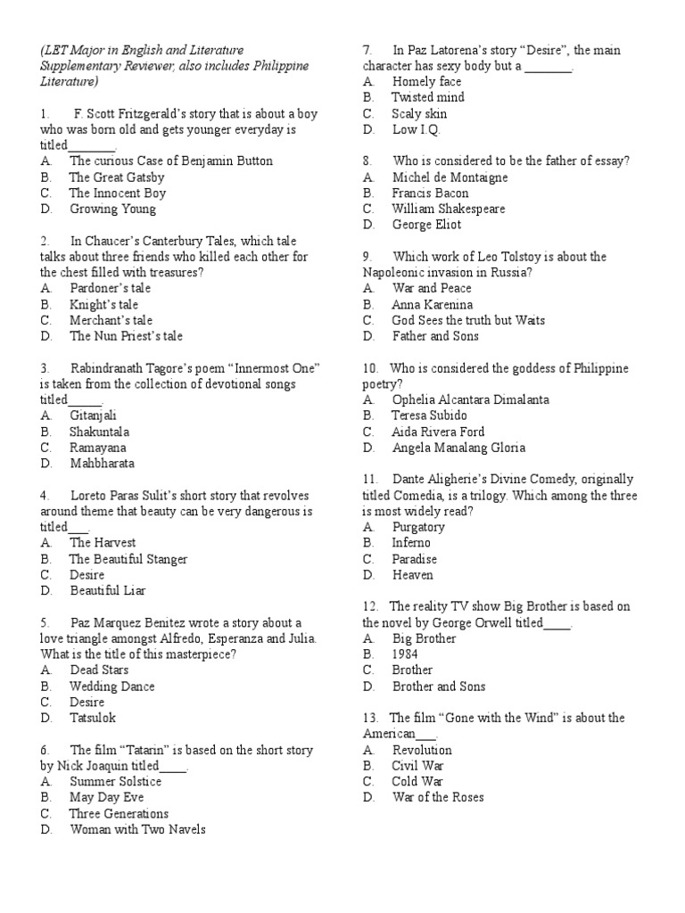 LET Major in English and Literature Supplementary Reviewer | PDF ...