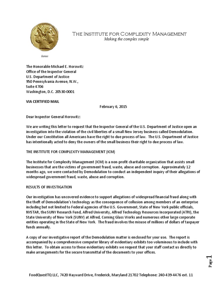 Demand Letter to the Department of Justice | Federal Bureau Of ...