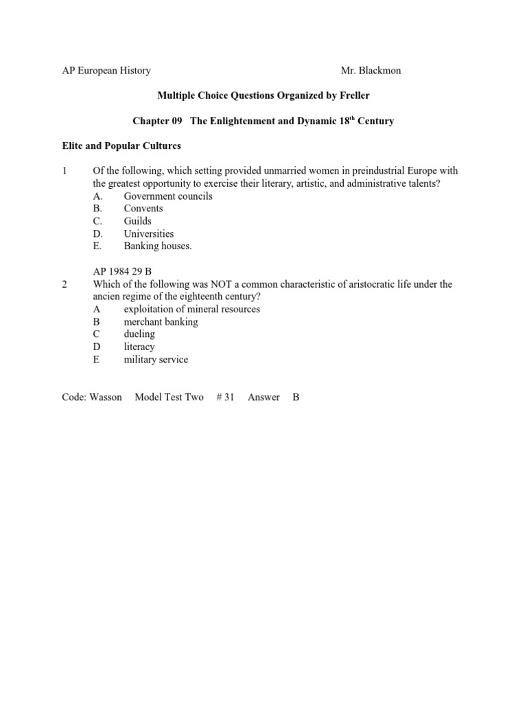 Euro Chapter 09 Enlightenment and 18th Century Questions and Answers ...