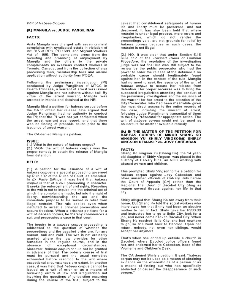 SpecPro - Digest of Habeas Corpus and Amparo Case | PDF | Habeas Corpus | Writ