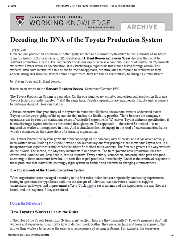 Decoding The DNA of The Toyota Production System - HBS Working ...