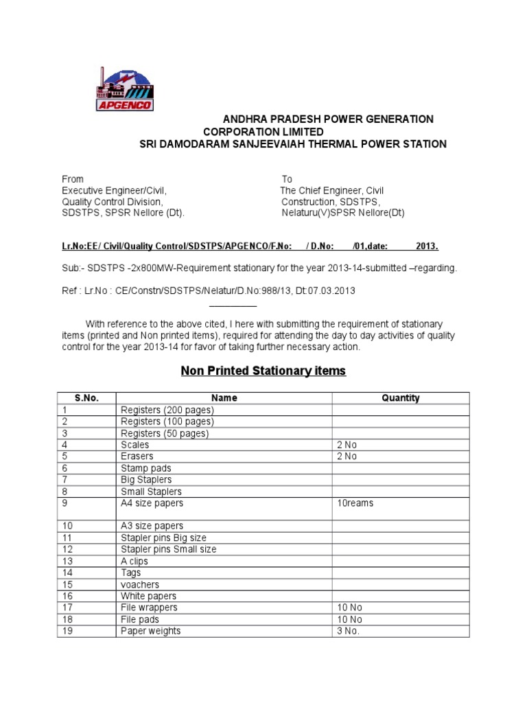 Requirement of Office Stationary | PDF