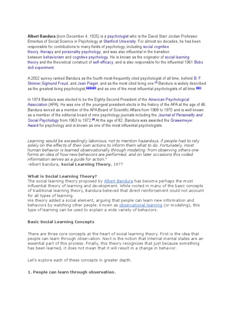 The Influential Social Learning Theory of Albert Bandura: A Summary of ...