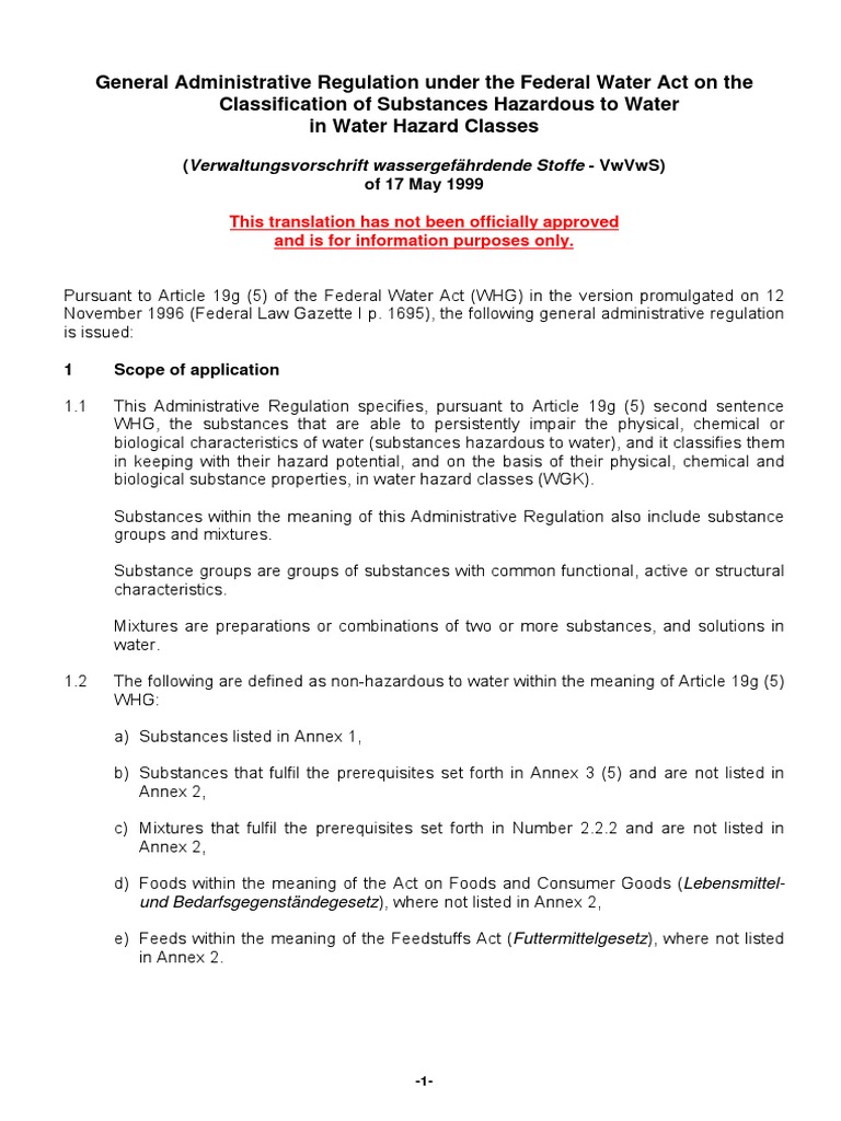 Classification of Substances Hazardous to Water in Water Hazard Classes ...