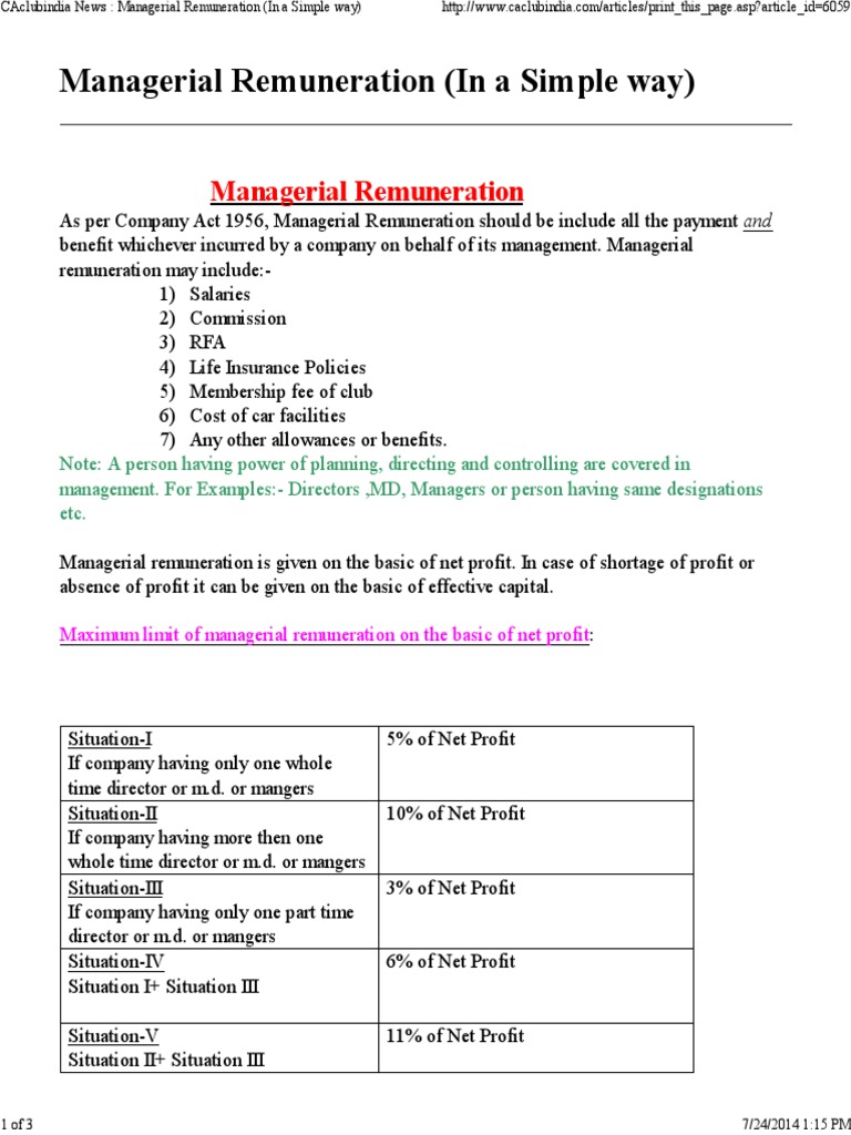 CAclubindia News - Managerial Remuneration (In A Simple Way) PDF | PDF ...