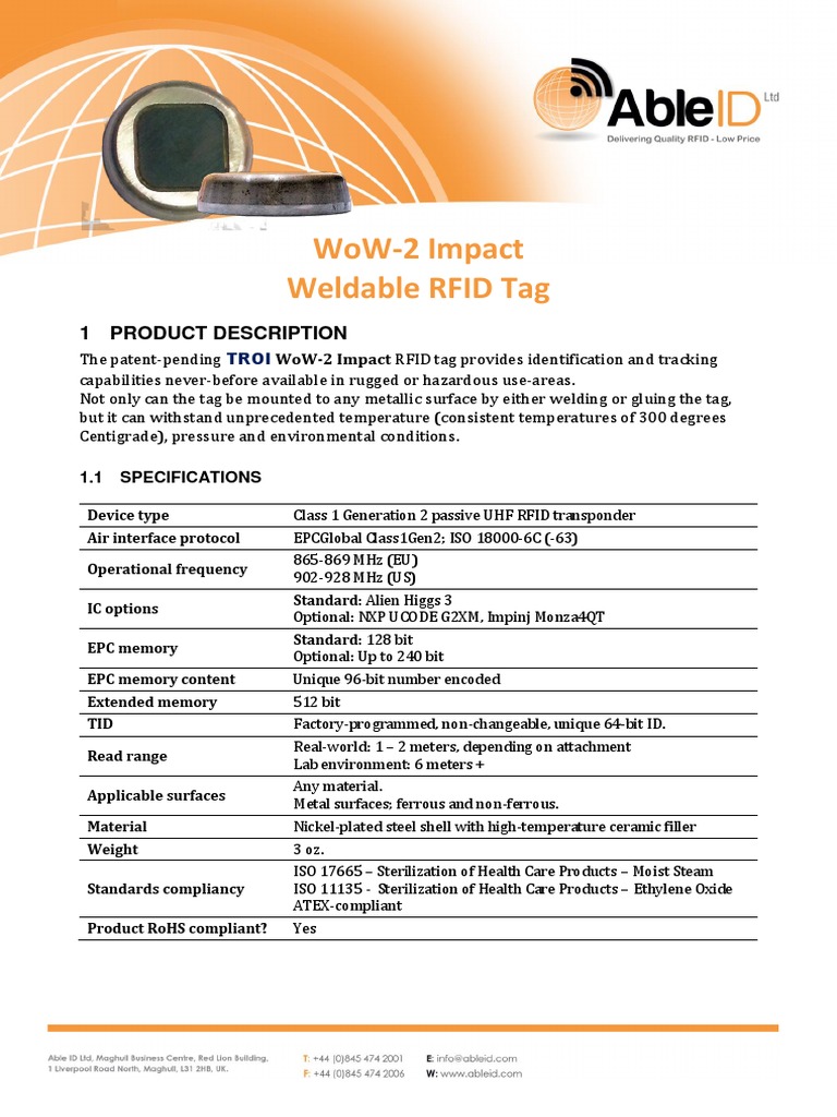 WoW-2 Impact WeldableTag Able ID | PDF | Radio Frequency Identification | Welding