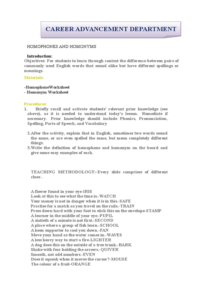 Homophones and Homonyms Lesson Plan | PDF | Languages