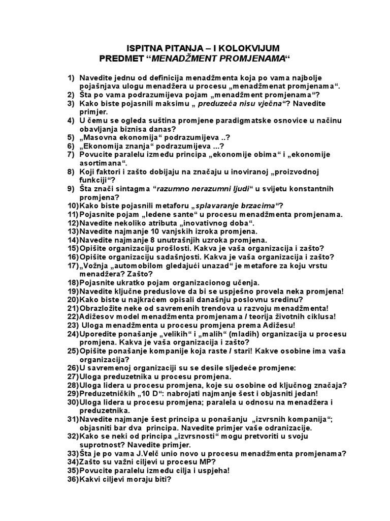 Ispitna Pitanja Menadzment Promjenama | PDF