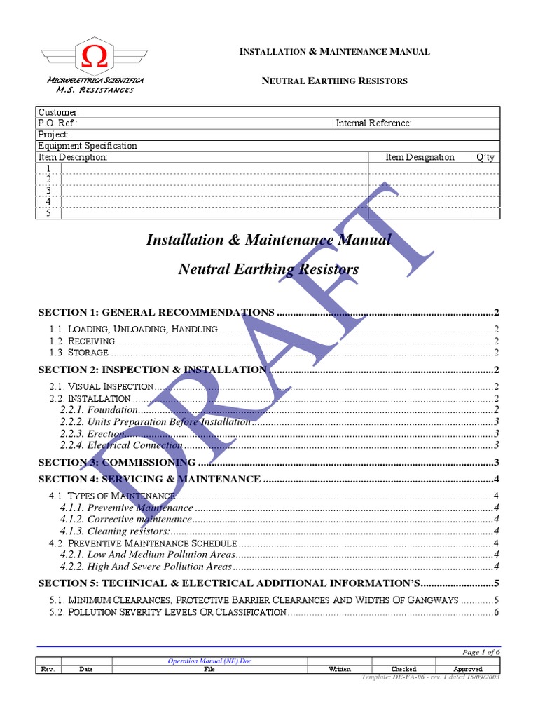 Draft: Installation & Maintenance Manual Neutral Earthing Resistors ...