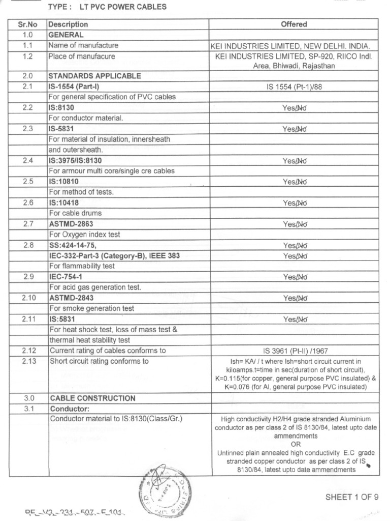 LT PVC Power Cable Specifications | PDF | Cable | Wire