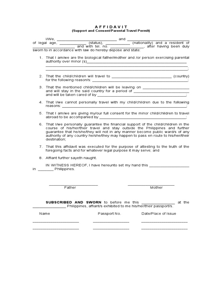 AFFIDAVIT Parental Travel Consent Minor | PDF | Law