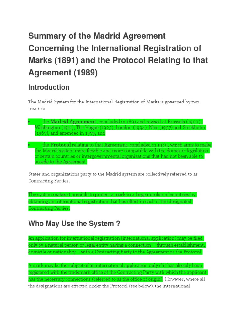 Summary of The Madrid Agreement Concerning The International ...