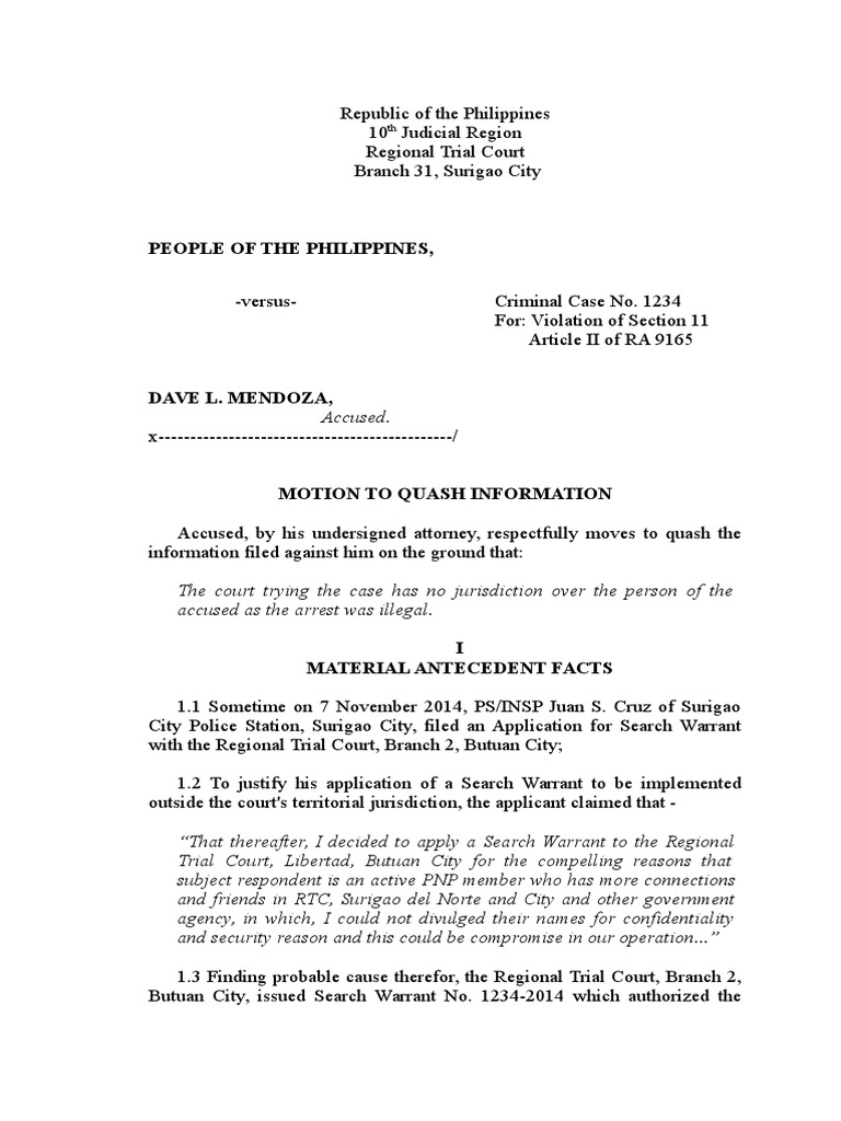 Motion To Quash | PDF | Search Warrant | Arrest