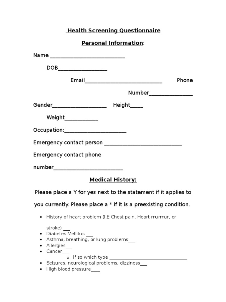 Health Screening Questionnaire | PDF | Indemnity | Physical Exercise