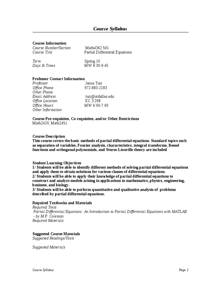 UT Dallas Syllabus For Math4362.501.10s Taught by Janos Turi (Turi) | PDF