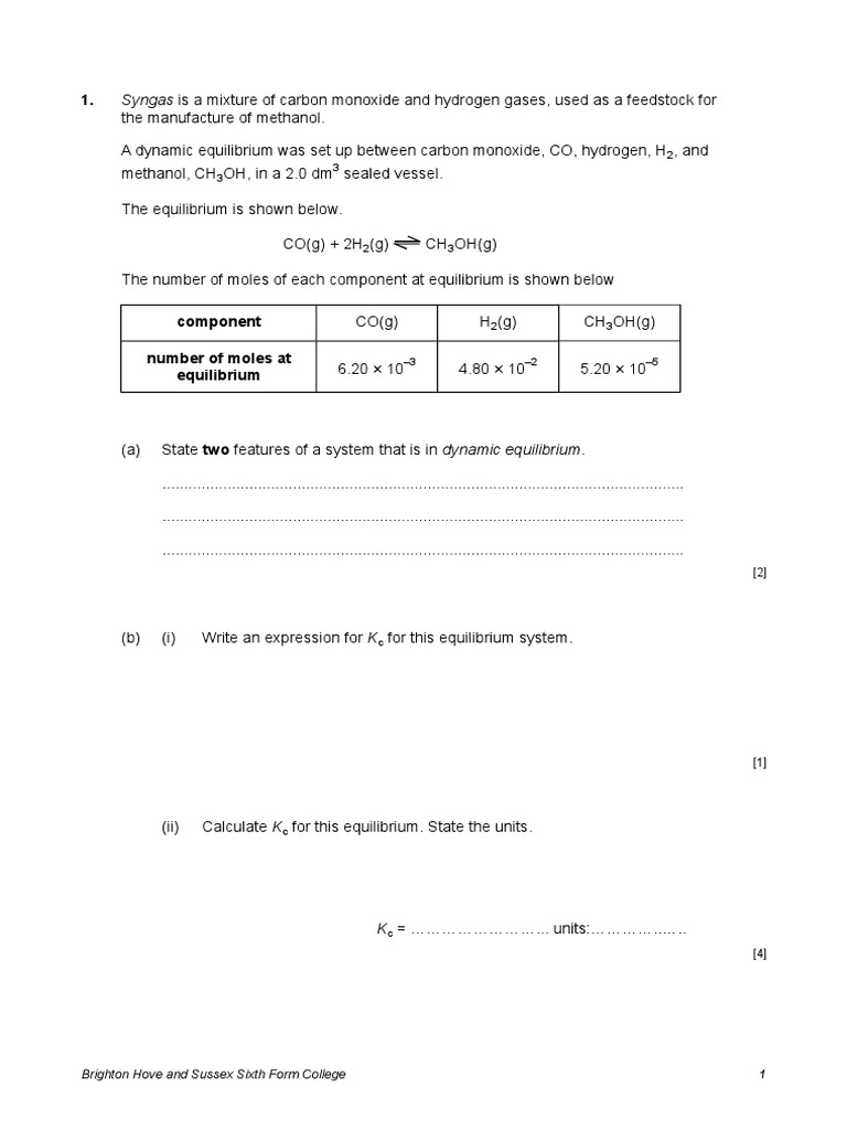 kc questions- chemistry | Chemical Equilibrium | Gases