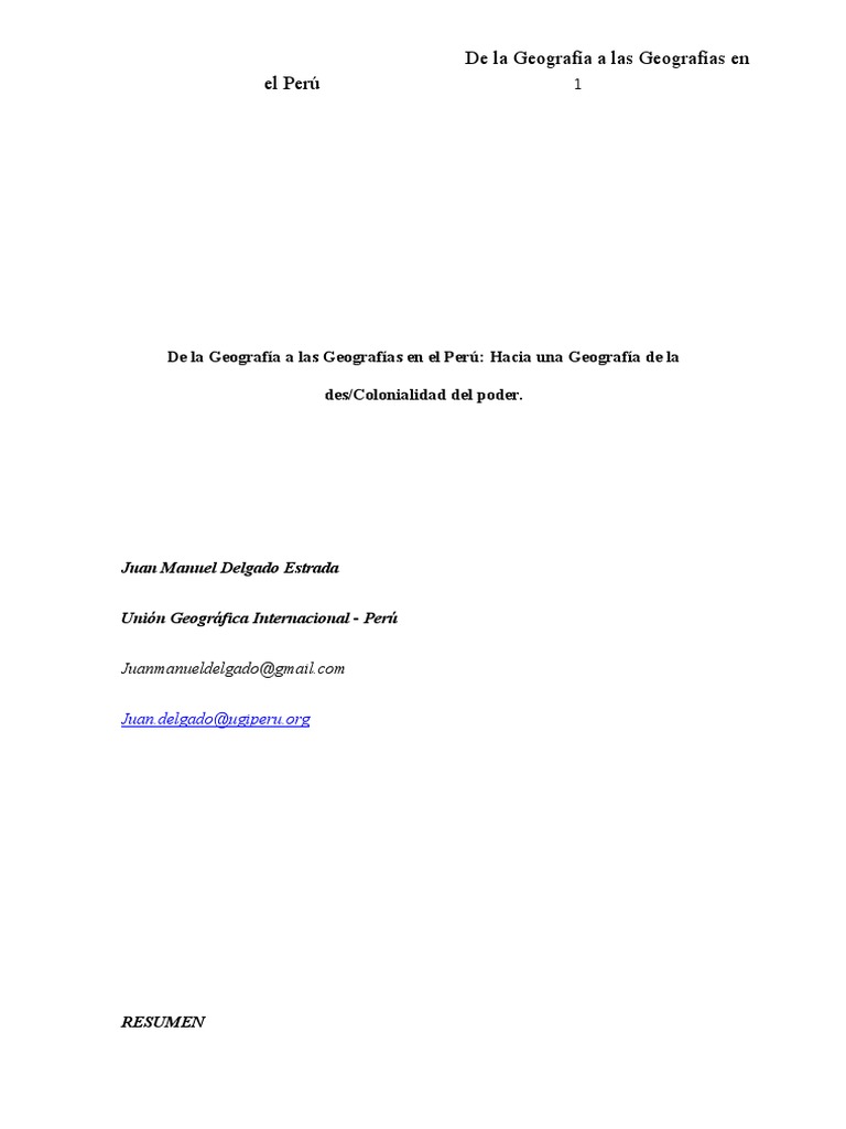 De La Geografía A Las Geografías en El Perú: Hacia Una Geografía de La ...