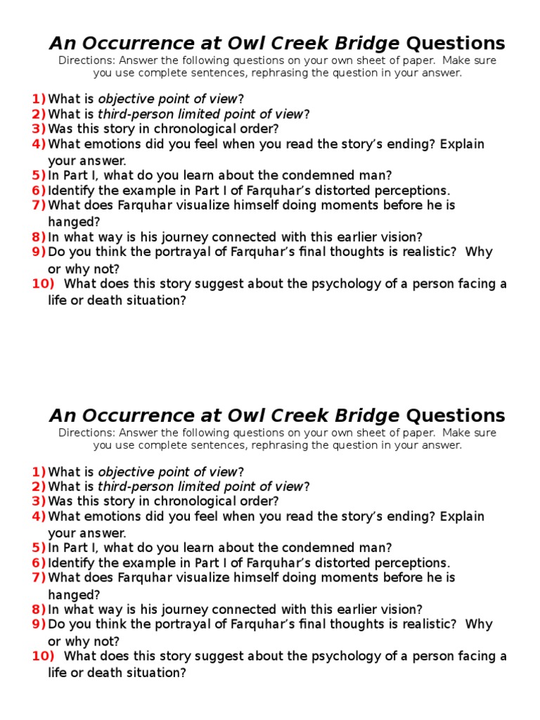 An Occurrence at Owl Creek Bridge Questions | PDF | Narration ...