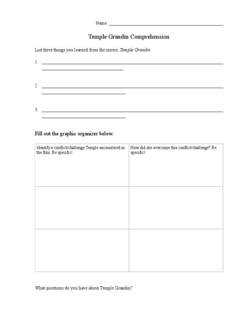 Temple Grandin Comprehension: Fill Out The Graphic Organizer Below ...
