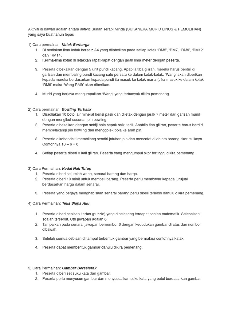 Aktiviti Di Bawah Adalah Antara Aktiviti Sukan Terapi Minda | PDF