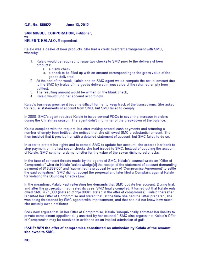 Kalalo vs. San Miguel Corporation: Offer of Compromise Does Not ...