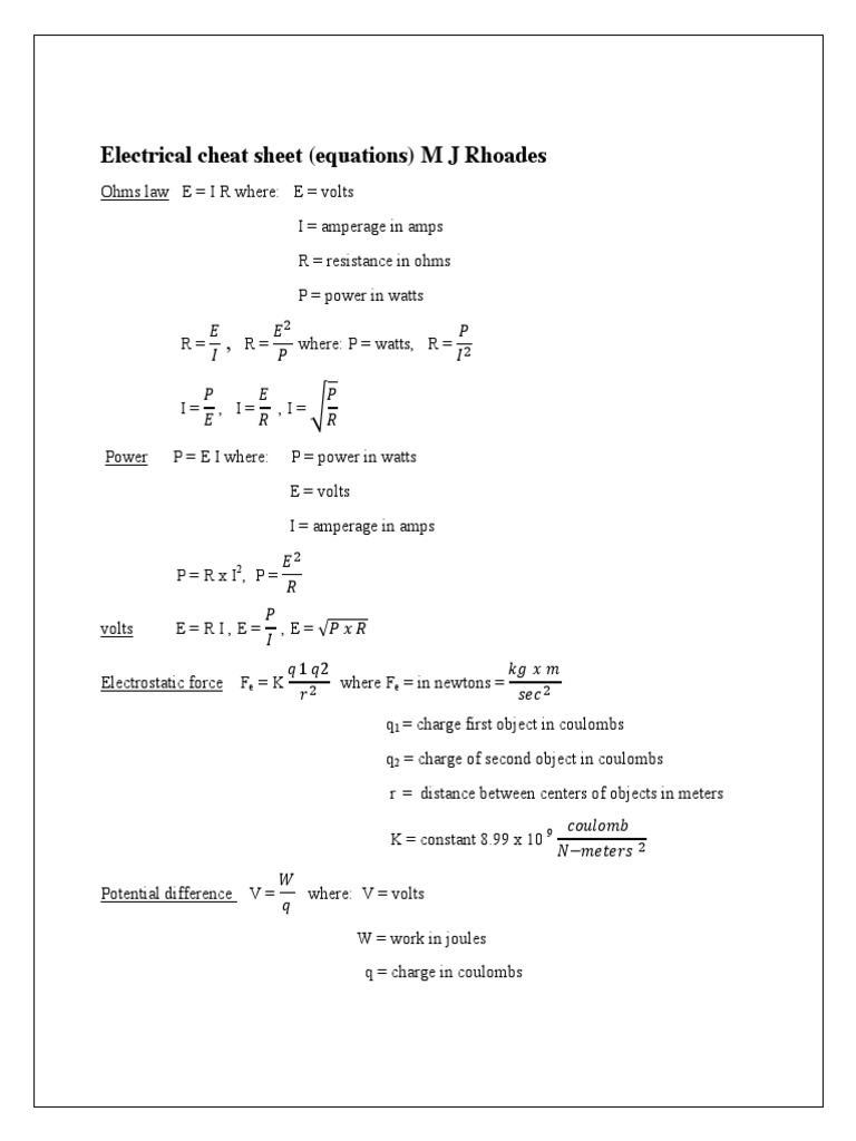Electrical Cheat Sheet | Capacitor | Volt