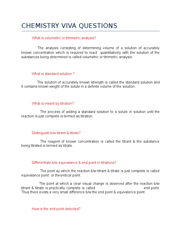 Chemistry Viva Questions | PDF | Titration | Chemistry Chemistry Viva Questions | PDF | Titration | Chemistry
