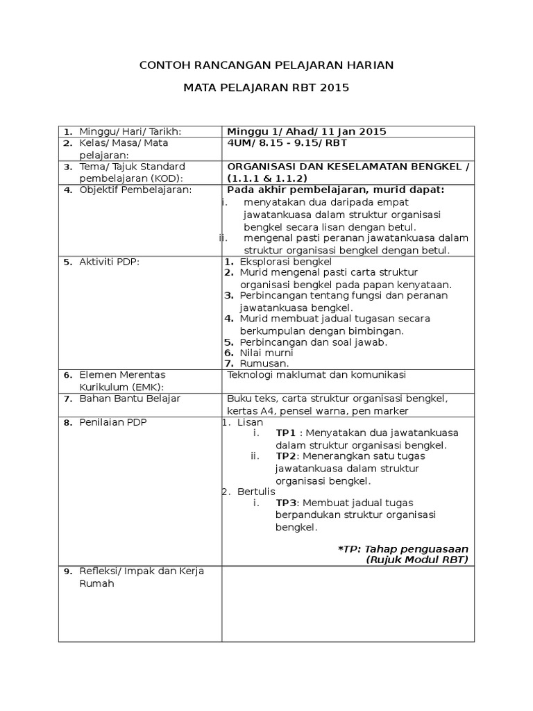 Contoh RPH RBT 2015 | PDF