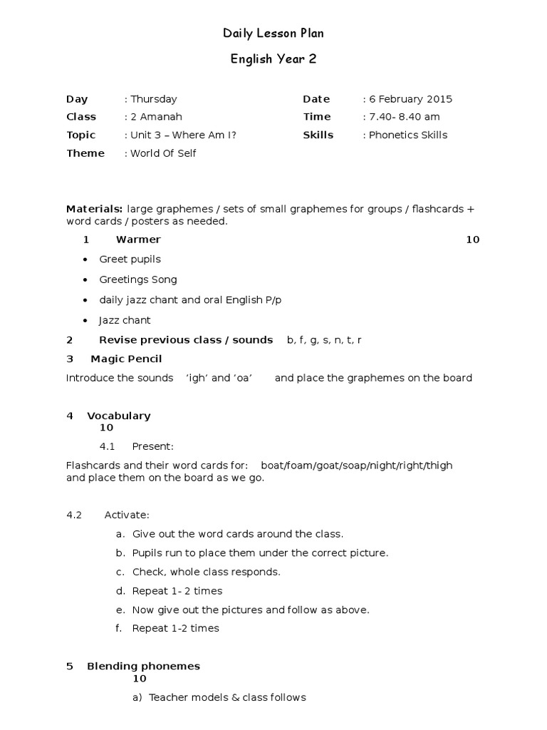 Year 2 English Lesson Plan: Phonetics | PDF | Language Arts & Discipline