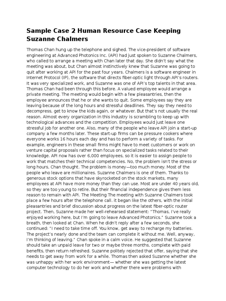 Sample Case 2 Human Resource Case Keeping Suzanne Chalmers | PDF ...