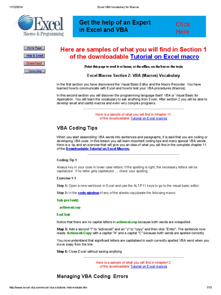 Excel VBA Vocabulary For Macros PDF | PDF | Visual Basic For ...