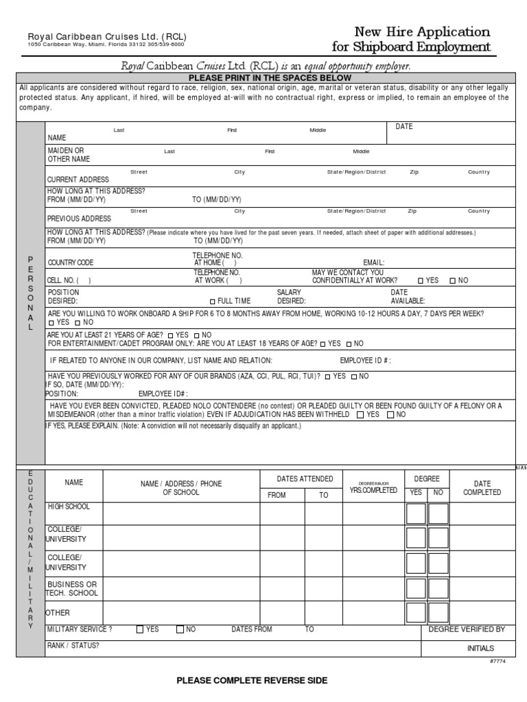 Royal Caribbean Shipboard Job Application | PDF | Employment | Government