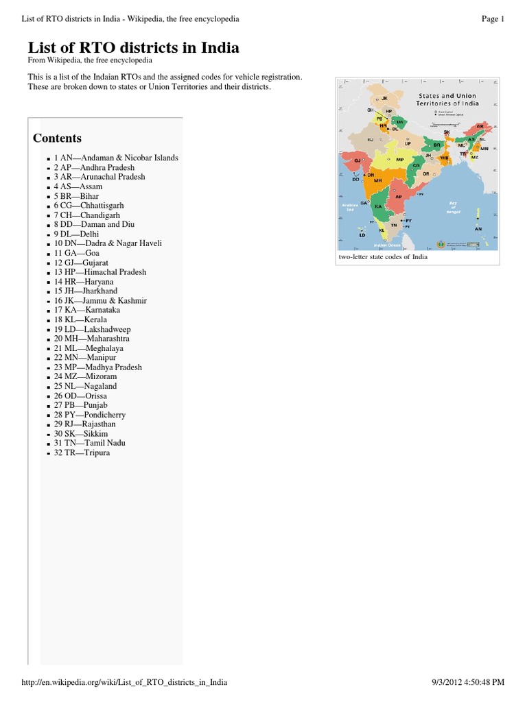 List of RTO Districts in India - Wikipedia, The Free Encyclopedia | PDF ...
