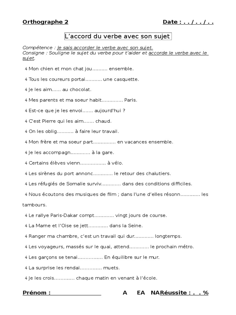 Accord Sujet-Verbe : Exercices 5ème | PDF | Jeux et activités ...