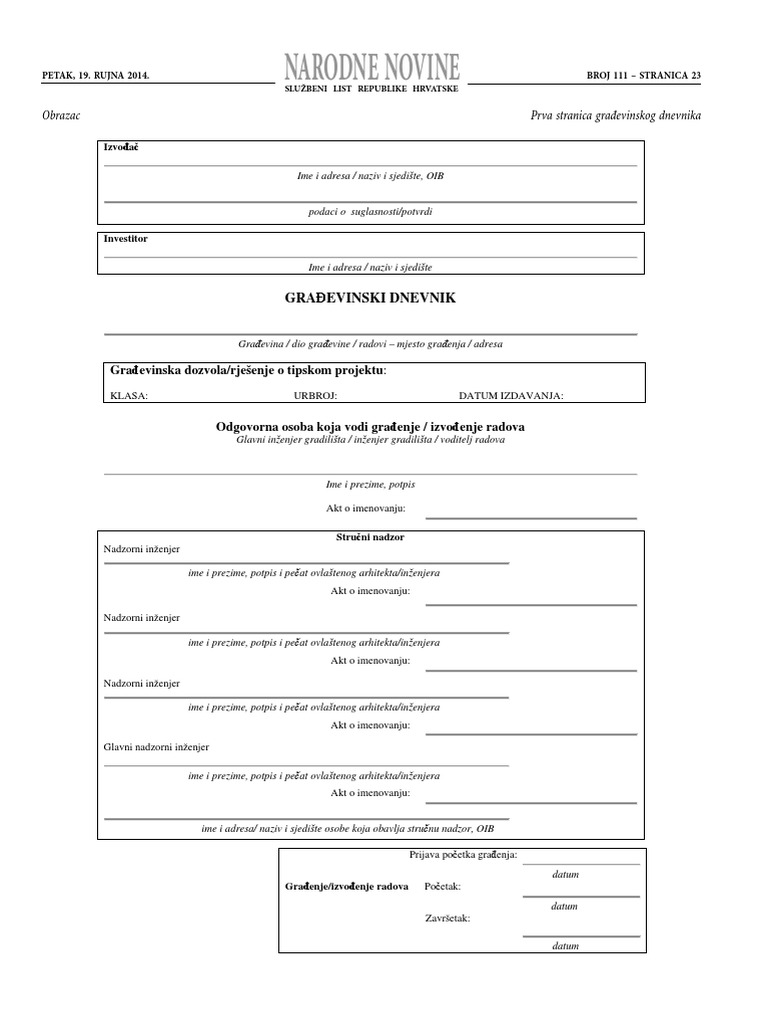 Obrasci Za Gradjevinski Dnevnik Dnevnik | PDF