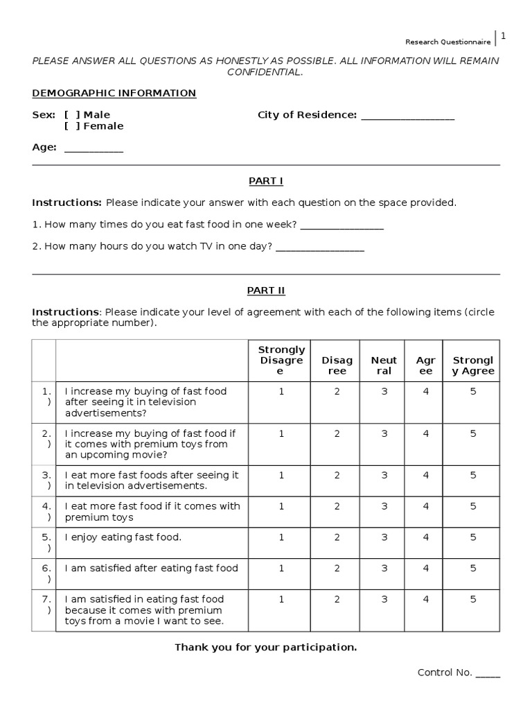 Food Questionnaire Format