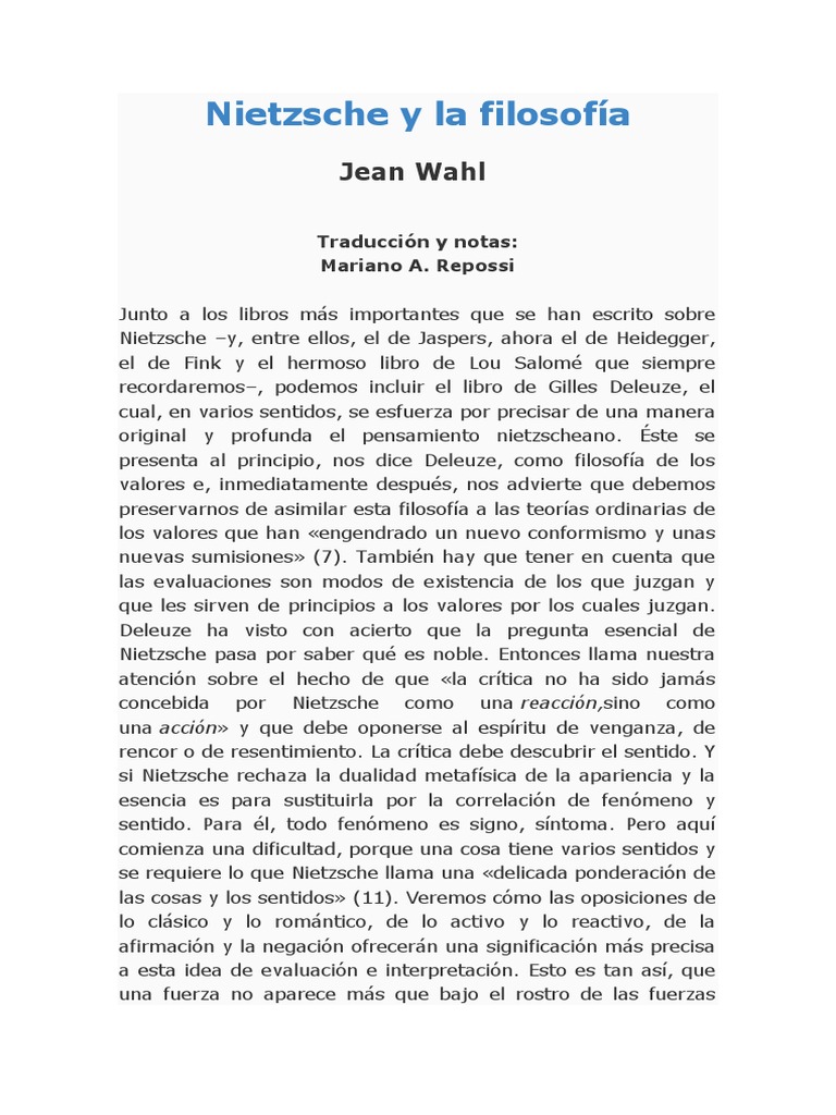 Nietzsche y La Filosofía - Jean Wahl | PDF | Friedrich Nietzsche ...