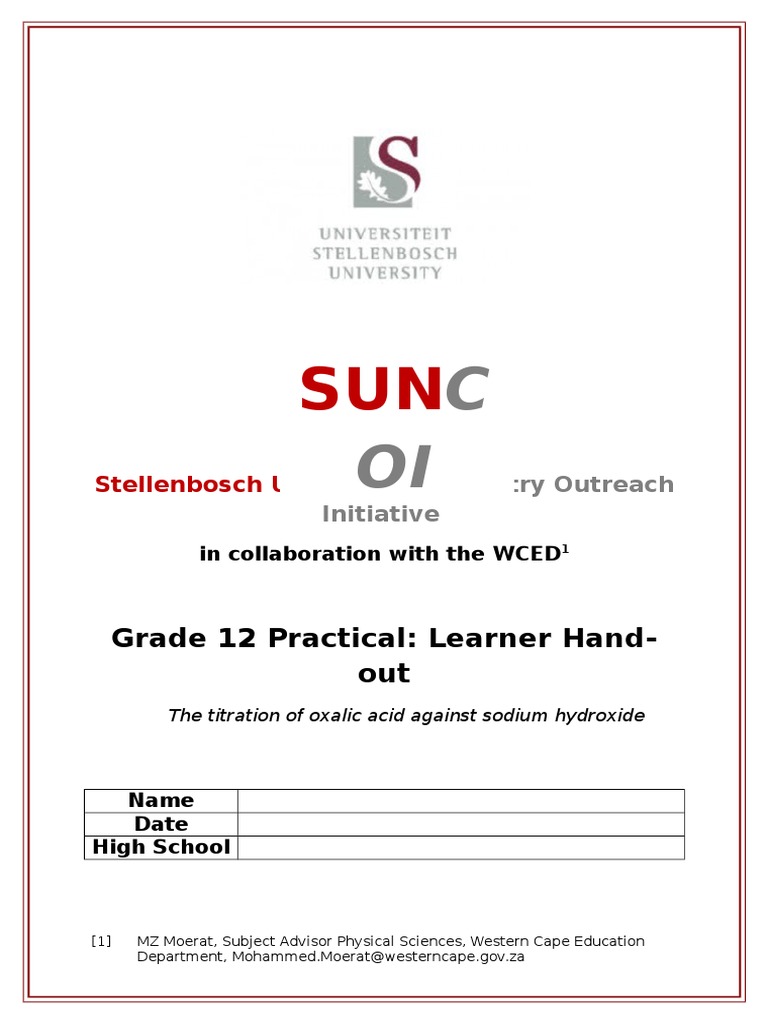 Grade 12 Titration Stellenbosch Version Prac Sheet ONLY | PDF ...