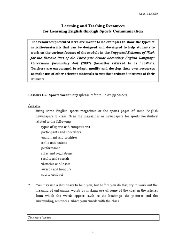 Sports Communication Teaching Resources | PDF | Sports | English Language