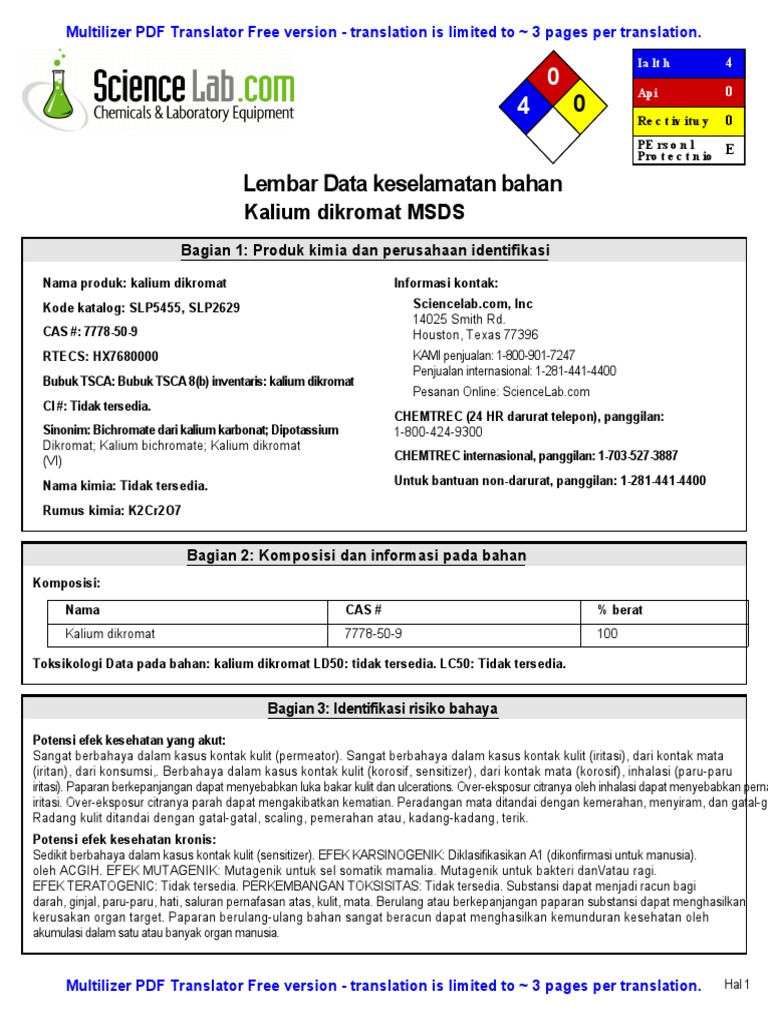 MSDS Kalium Dikromat dan Bahayanya | PDF | Toksisitas | Kromium