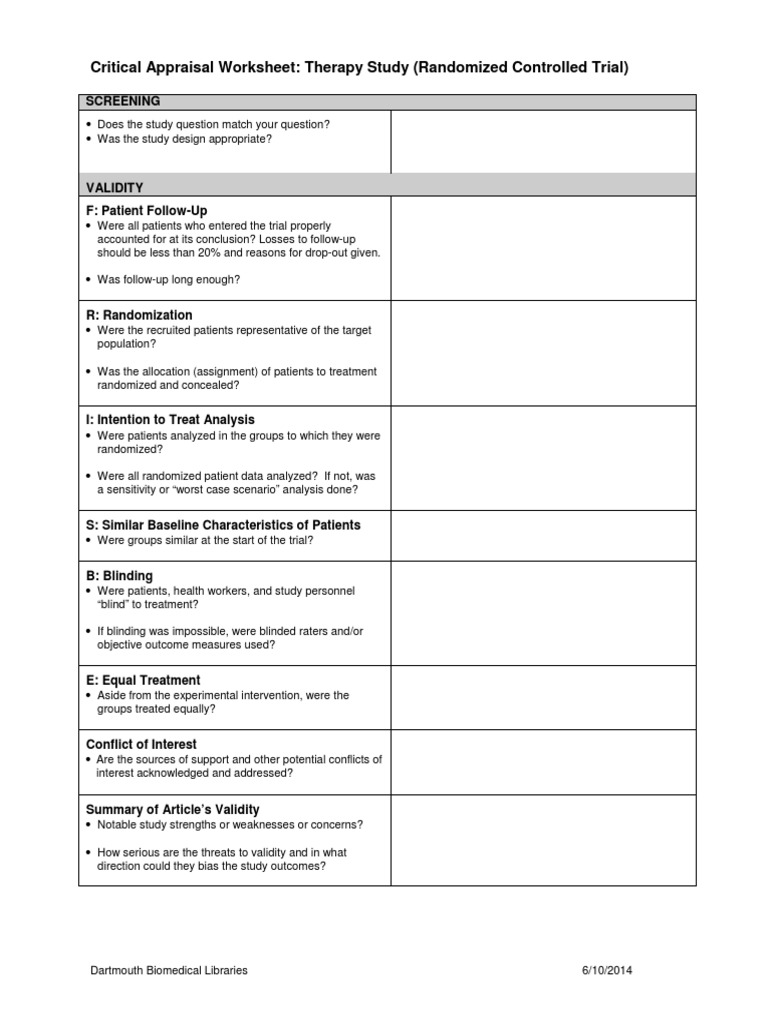 Critical Appraisal Worksheet Therapy | PDF | Randomized Controlled Trial | Evidence Based Medicine