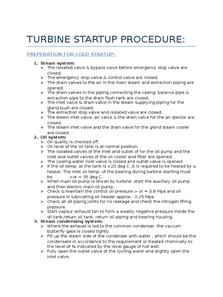 Turbine Startup Procedure | PDF | Steam | Valve