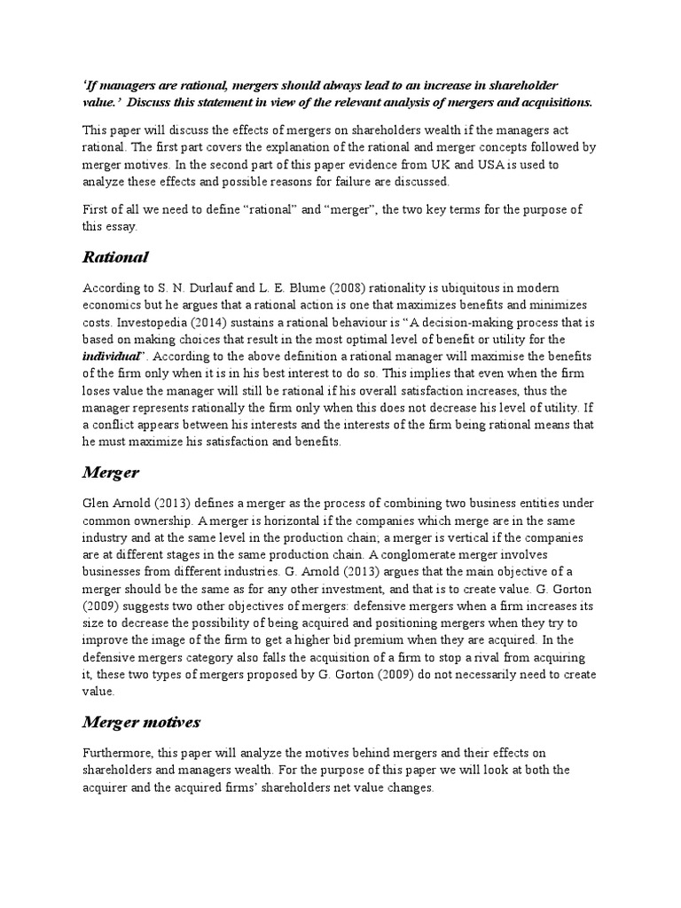 Rational or Irrational Managers | PDF | Mergers And Acquisitions ...
