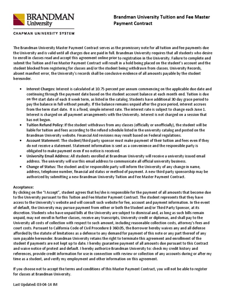 MasterPaymentContract English | PDF | Tuition Payments | Fee
