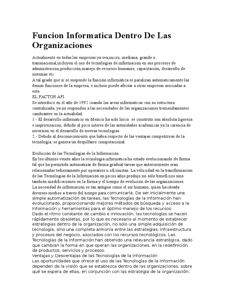 Funcion Informatica Dentro de Las Organizaciones | PDF | Sistema de ...