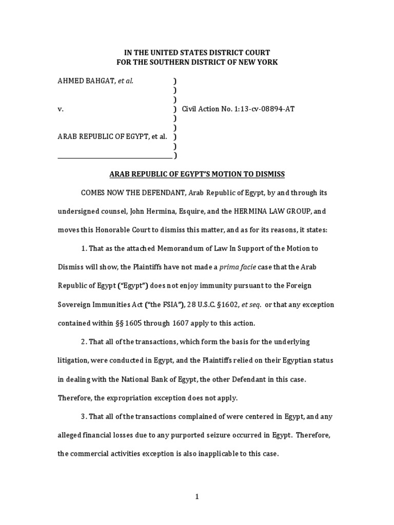 Egypt Motion To Dismiss - John Hermina | PDF | Sovereign Immunity | Lawsuit