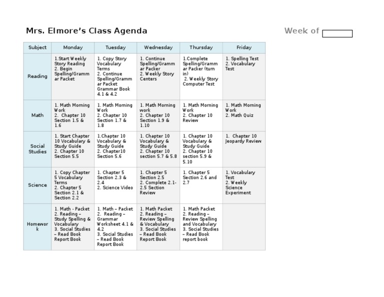 Mrs. Elmore's Weekly Class Agenda | PDF