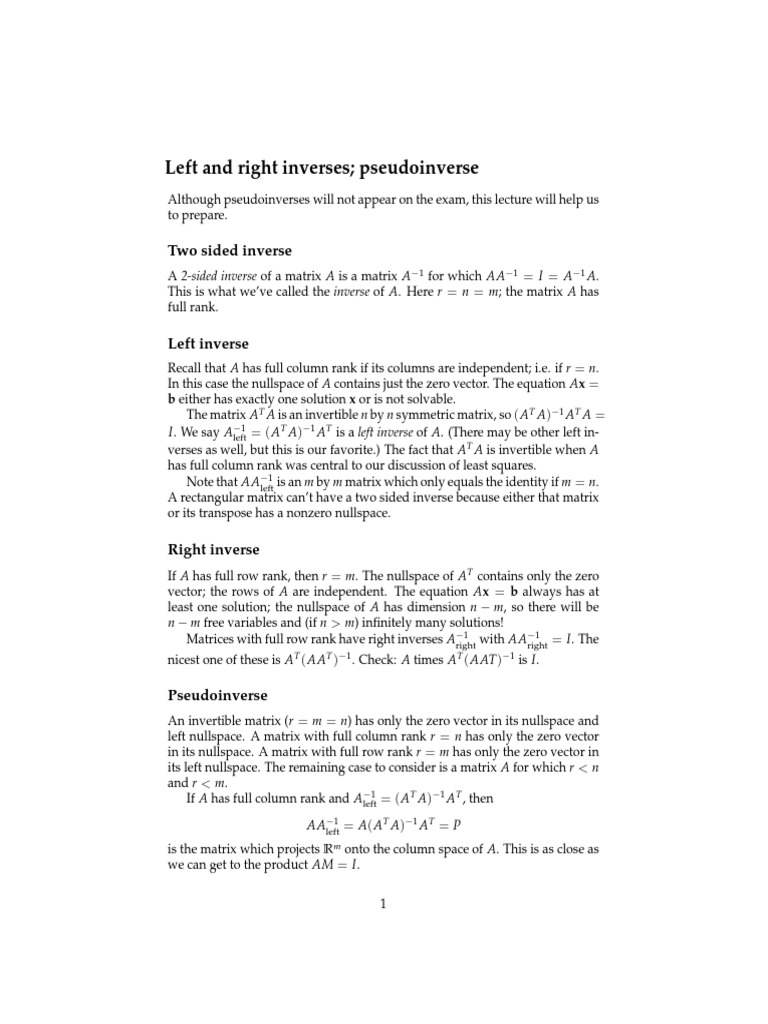 left right pseudo-inverse.pdf | Matrix (Mathematics) | Mathematical Objects