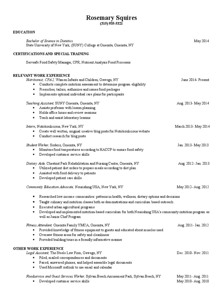 Nutritionist Resume of Rosemary Squires | PDF | Wellness